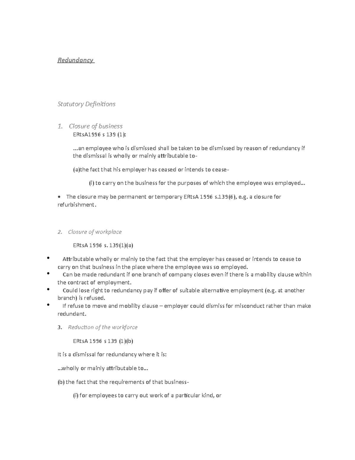Redundancy - Lesson - Redundancy Statutory Definitions 1. Closure of ...