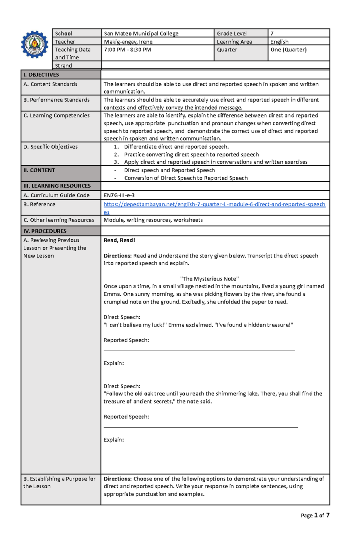 DLL ( Reading Comprehension) - School San Mateo Municipal College Grade ...