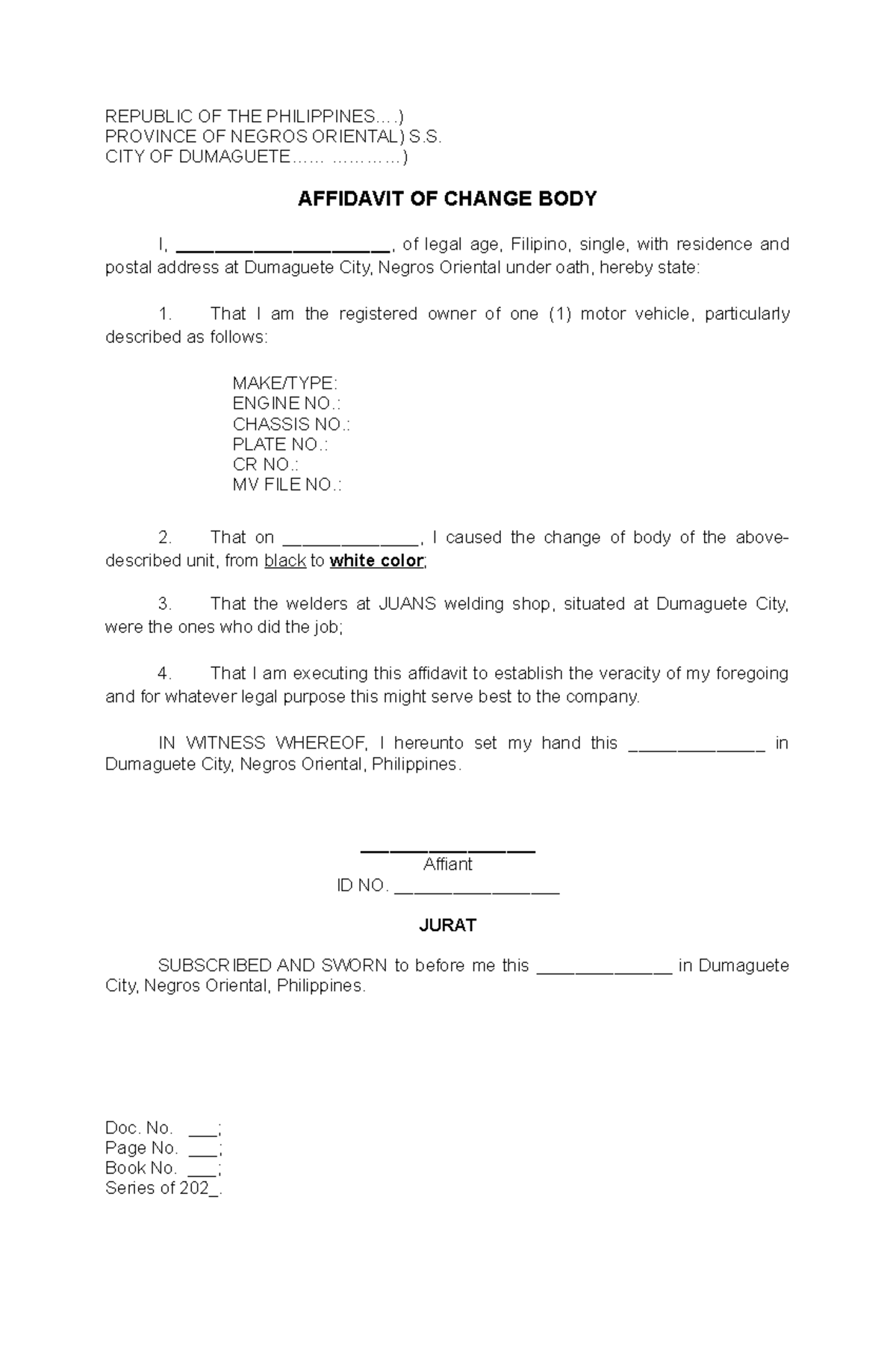 Affidavit OF Change BODY of a motor vehicle - REPUBLIC OF THE ...