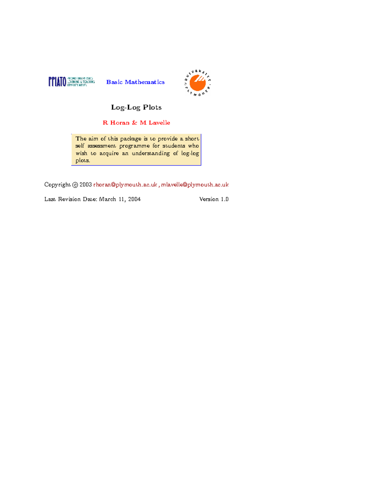 Log-Log Graphs University of Reading - Basic Mathematics Log-Log Plots ...