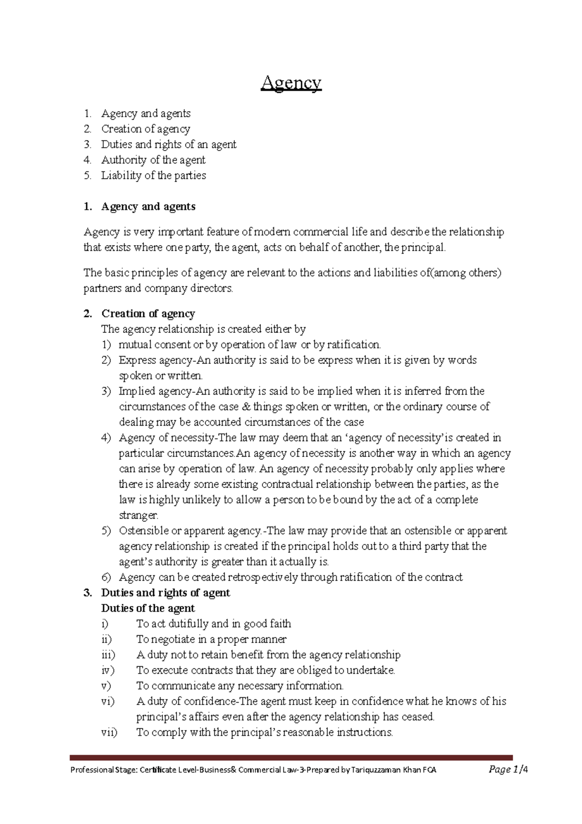 Agency - Business Law - Agency 1. Agency and agents 2. Creation of ...