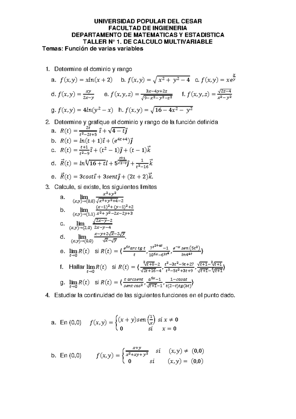 Taller N° 1 DE Calculo Multivariable . Funcion DE Varias Variables ...