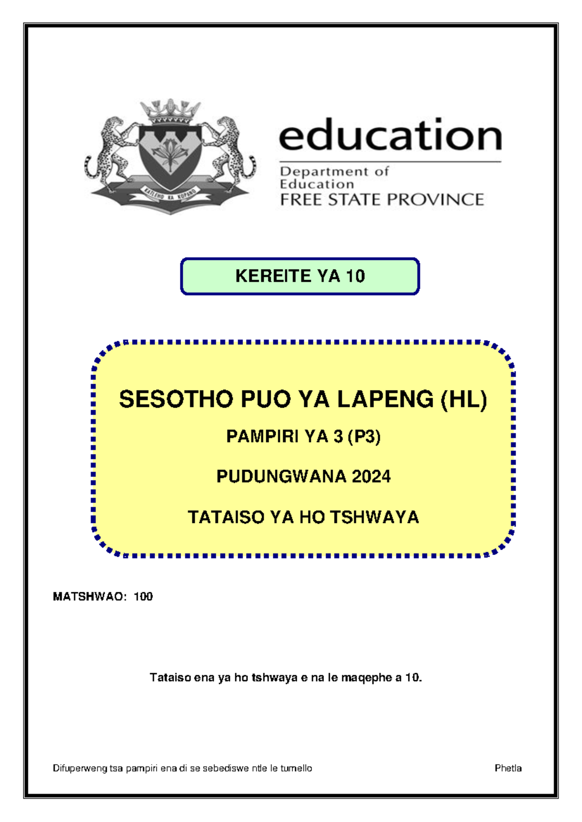 2024 Sesotho HL P3 Pudungwana MEMO - MATSHWAO: 100 Tataiso ena ya ho ...
