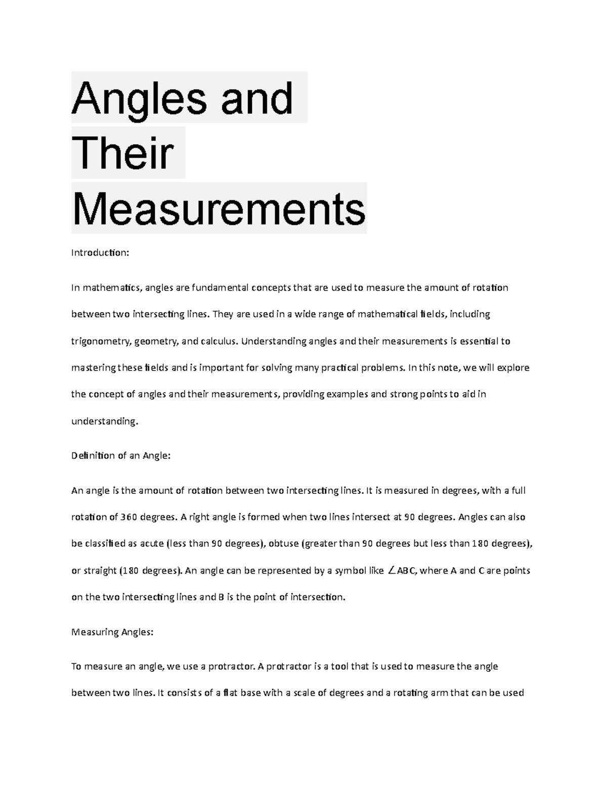 Angles and their measurements - Angles and Their Measurements ...