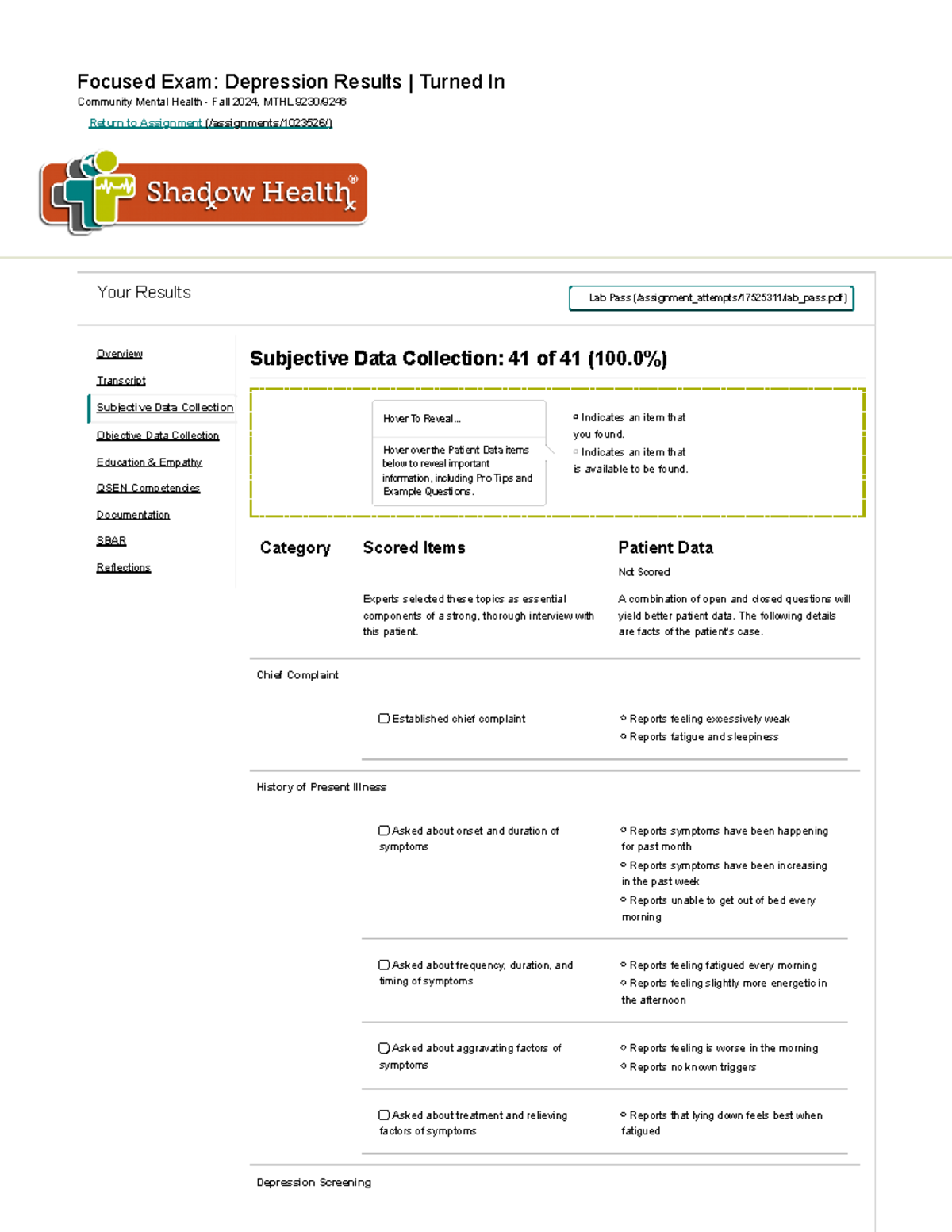Shadow Health Depression Abigail Harris Subjective Data Collection ...
