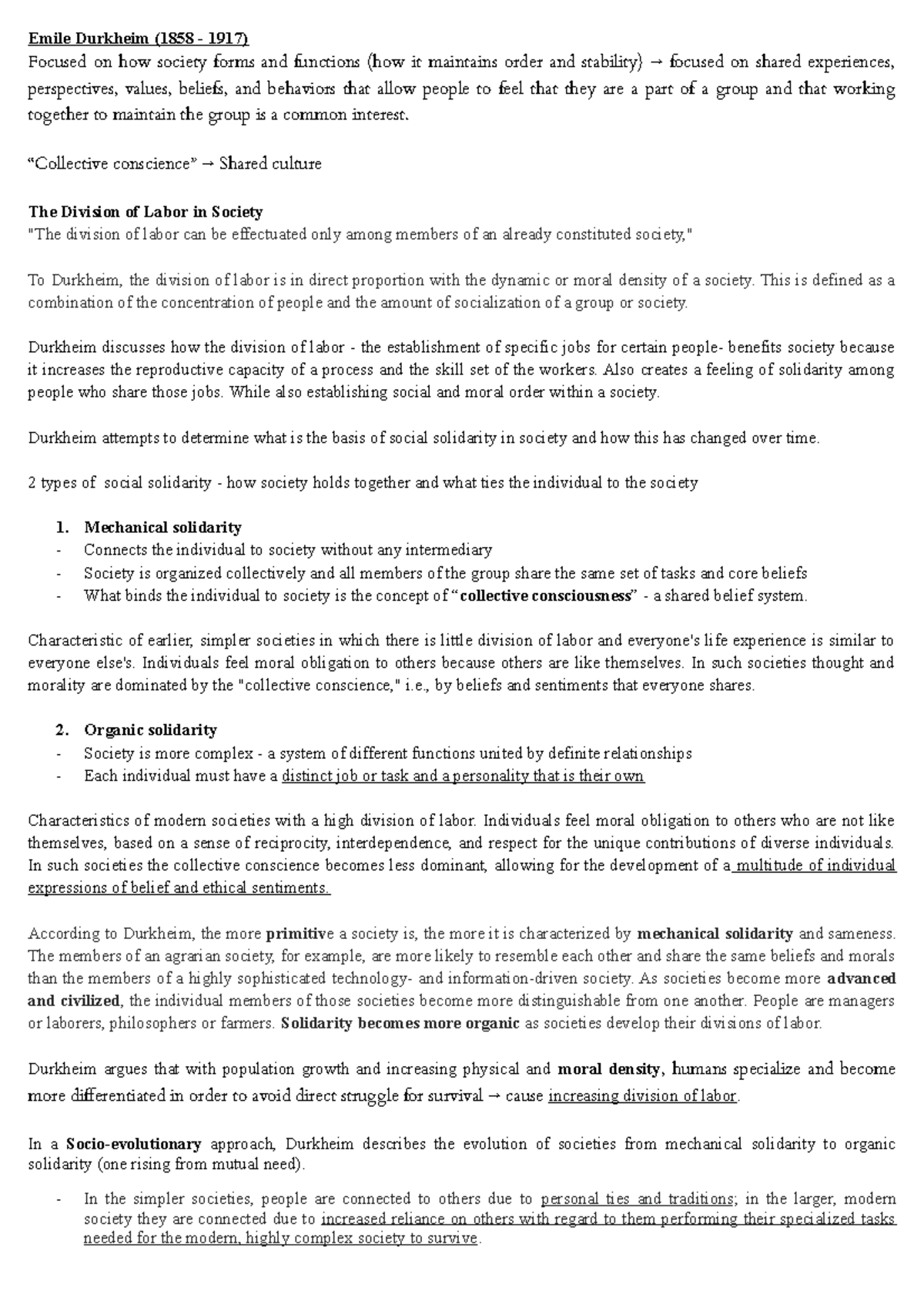 Emile Durkheim (hs2001 notes) - Emile Durkheim (1858 - 1917) Focused on ...