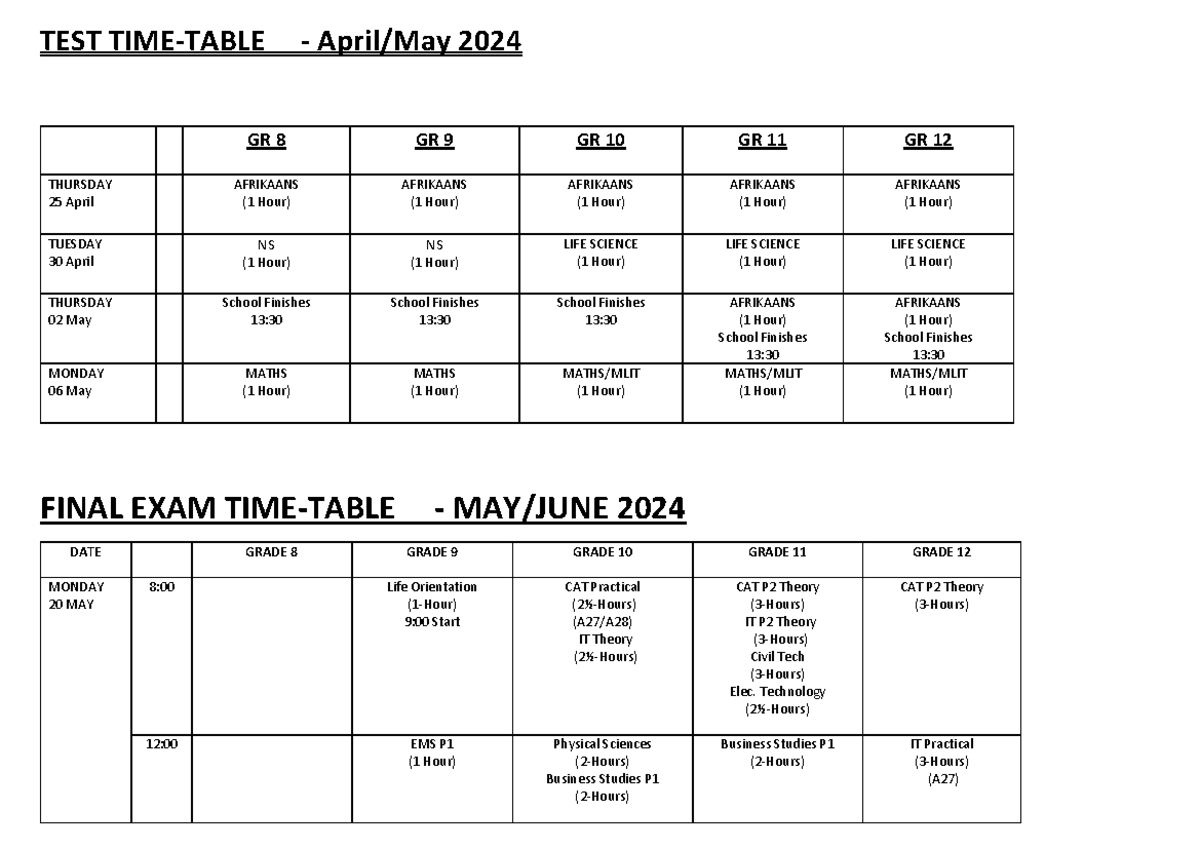 Exam and Test time table June 2024 Learners - TEST TIME-TABLE - April ...
