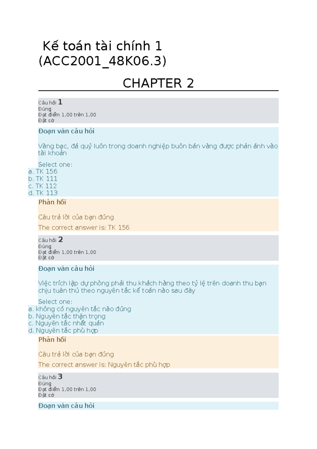 QUIZ 1 Chatper 2 - gggggggggkkkkkkkk - Kế toán tài chính 1 (ACC2001 ...