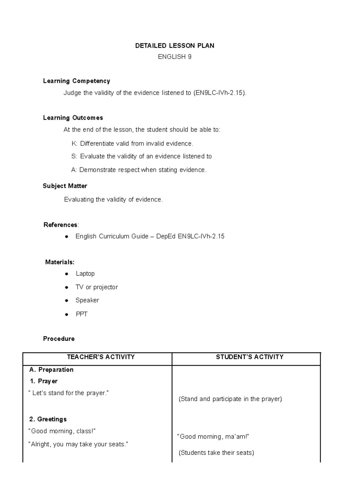 Super Duper Final (Auto Recovered) - DETAILED LESSON PLAN ENGLISH 9 Learning Competency Judge ...