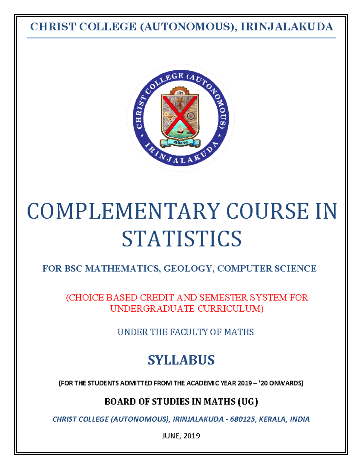 Complementary Course Statistics( Geology, CS, Maths),2019 Onwards - CHRIST COLLEGE (AUTONOMOUS ...