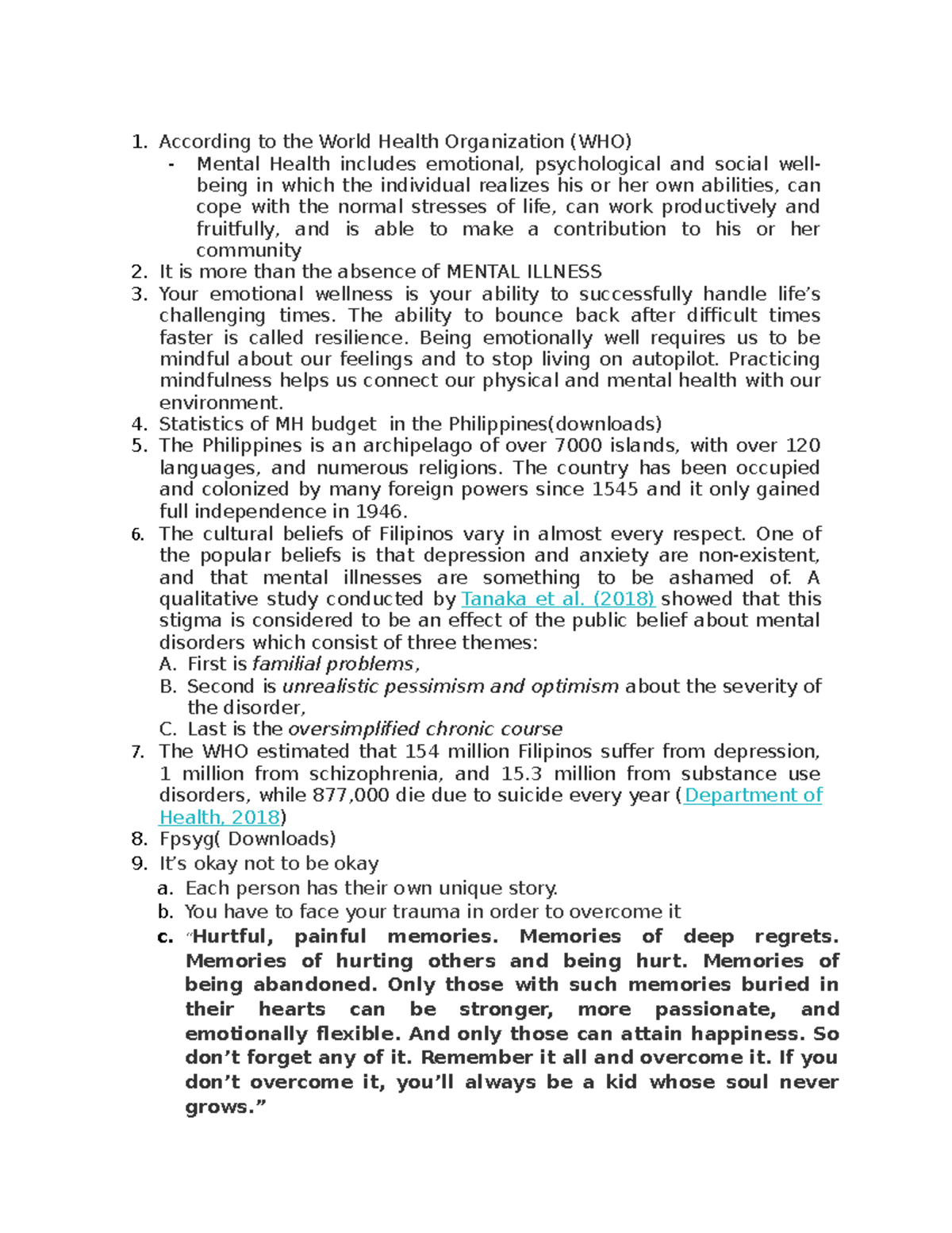 MH Notes 1 - mh note - According to the World Health Organization (WHO ...