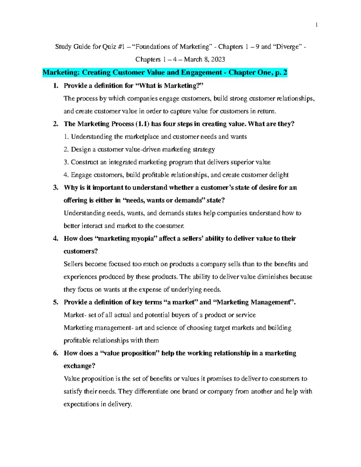Study Guide for Quiz #1 - Foundations of Marketing - Study Guide for ...