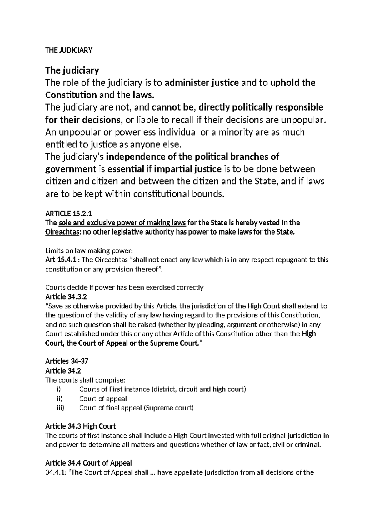 The Judiciary - study notes - THE JUDICIARY The judiciary The role of ...