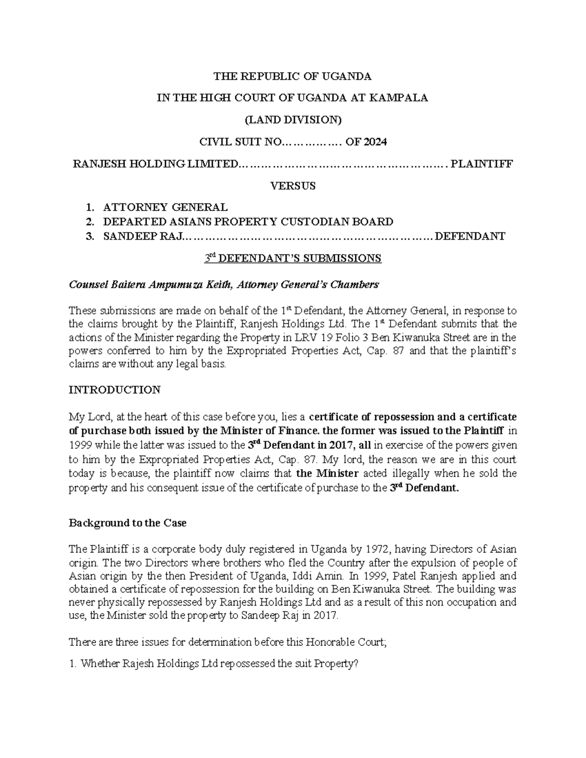 3rd Defendant submission - THE REPUBLIC OF UGANDA IN THE HIGH COURT OF ...