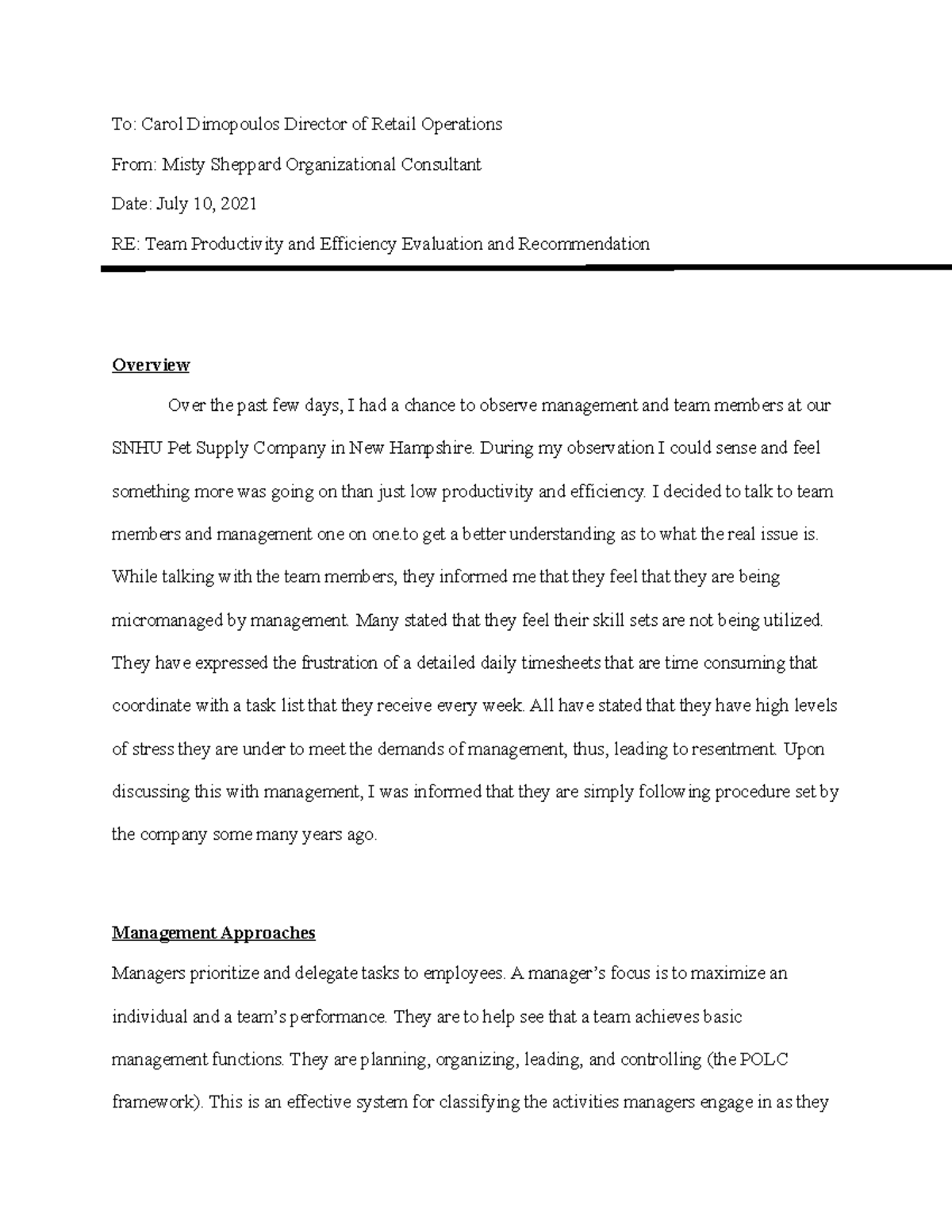 Bus week 2 assignment - management approaches - To: Carol Dimopoulos ...