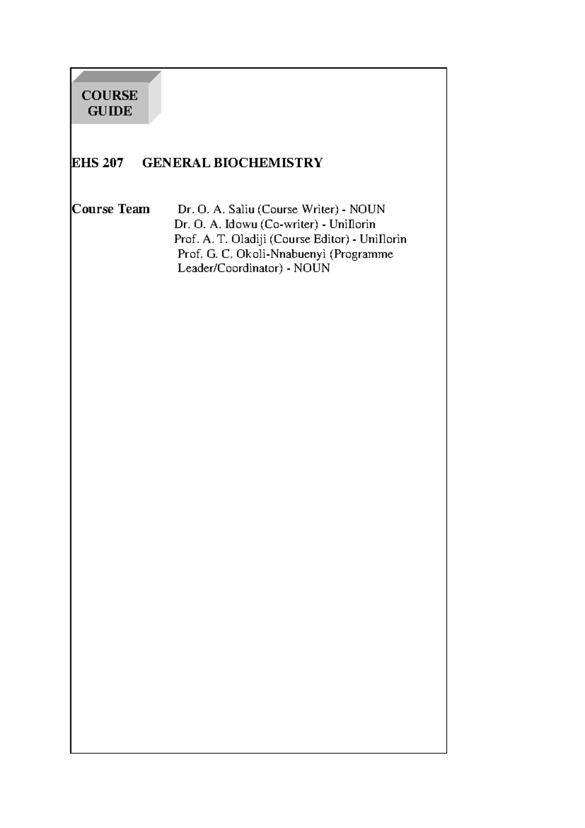 General Biochemistry reference 1 - COURSE GUIDE EHS 207 GENERAL ...