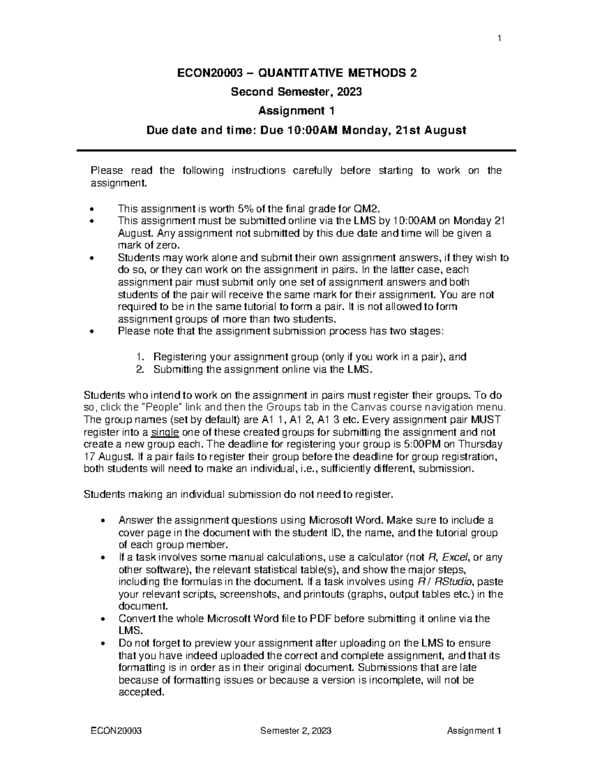 Assignment 1 Overview - ECON20003 - Unimelb - Studocu