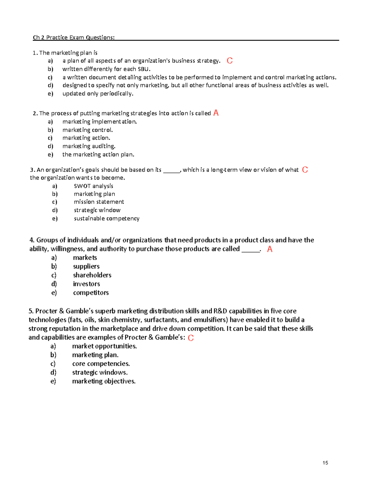 MKT 300 Chapter 3-4 Notes - Ch 2 Practice Exam Questions: The marketing ...
