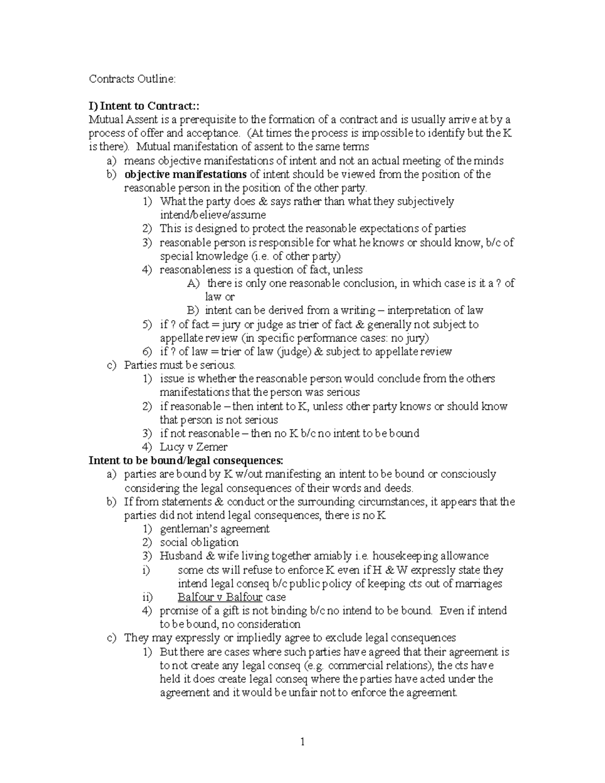 Contract Law Outline - 2 - Contracts Outline: I) Intent to Contract ...