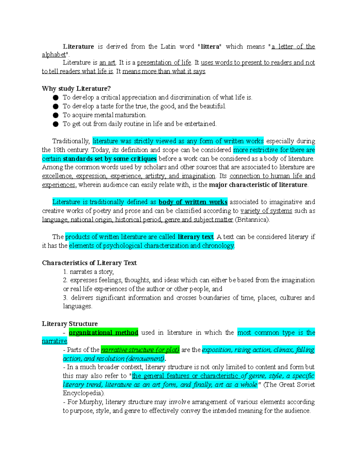 Literature handout - Literature is derived from the Latin word "littera ...