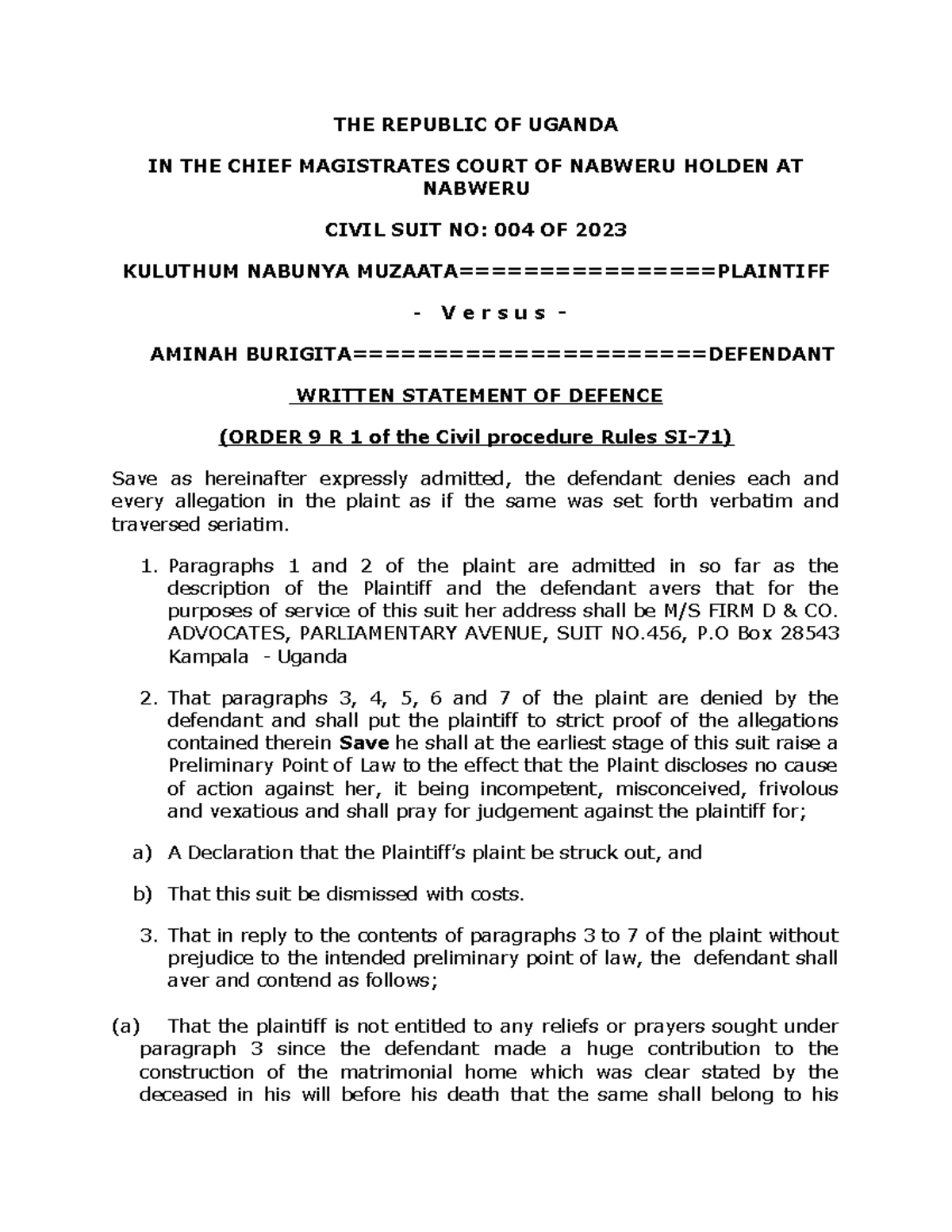 MOOT Civil Procedure - THE REPUBLIC OF UGANDA IN THE CHIEF MAGISTRATES ...