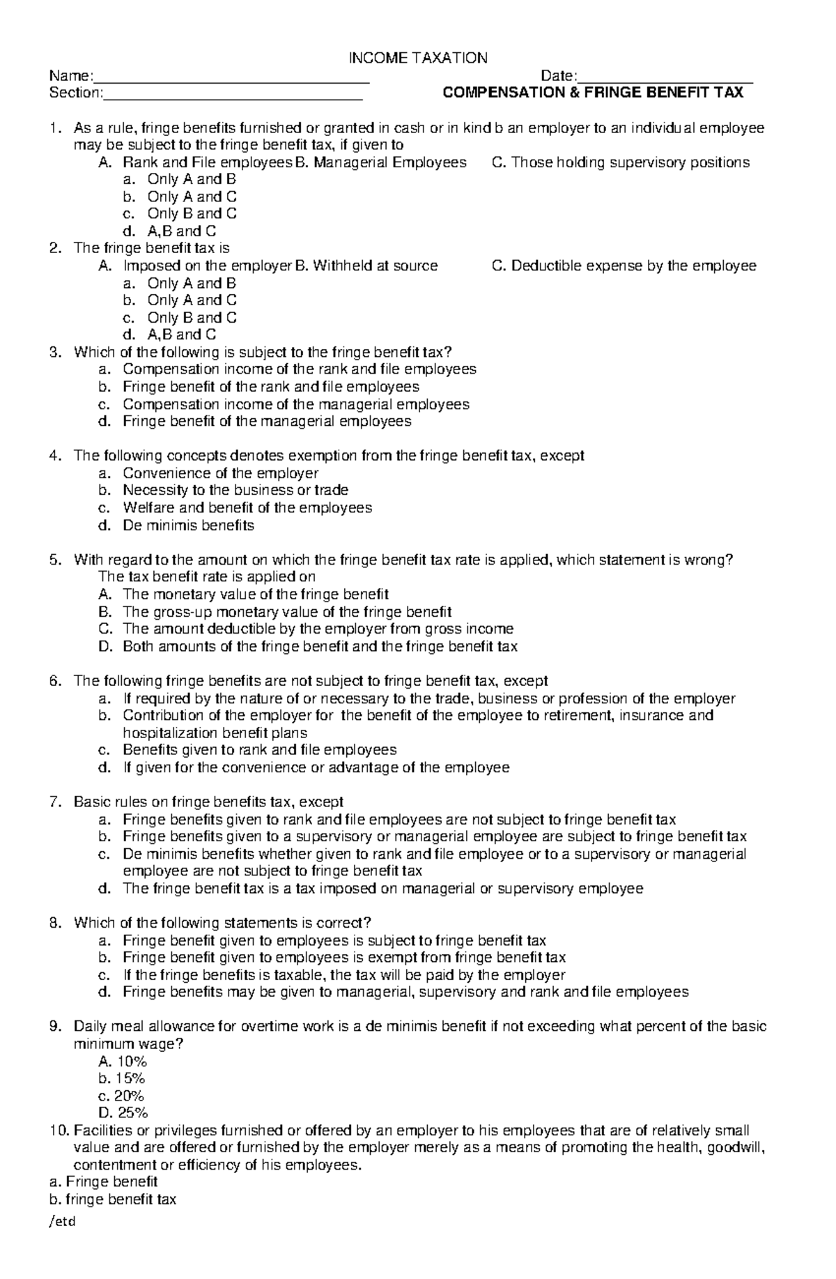 Compensation AND Fringe Benefits TAX - INCOME TAXATION Name