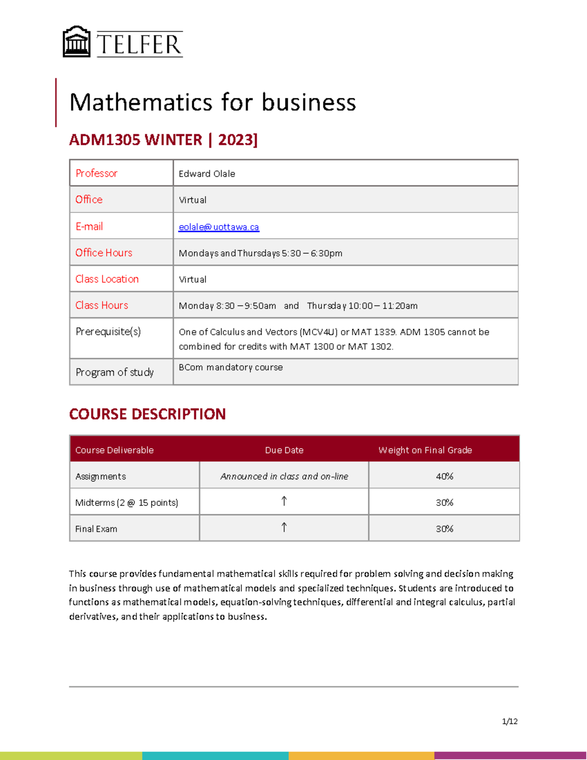 ADM 1305M- Mathematics for business syllabus - Mathematics for business ...