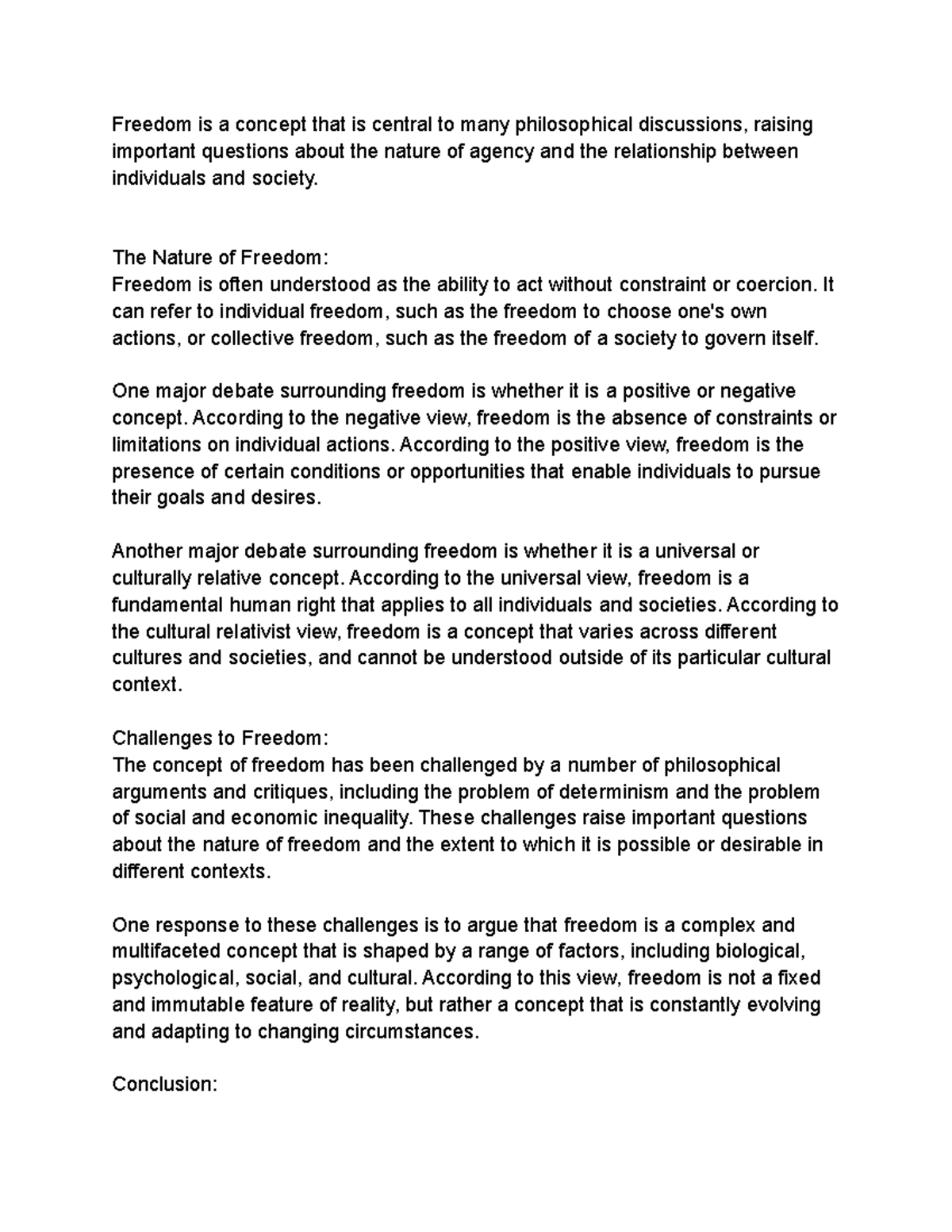 The Nature of Freedom - Freedom is a concept that is central to many ...