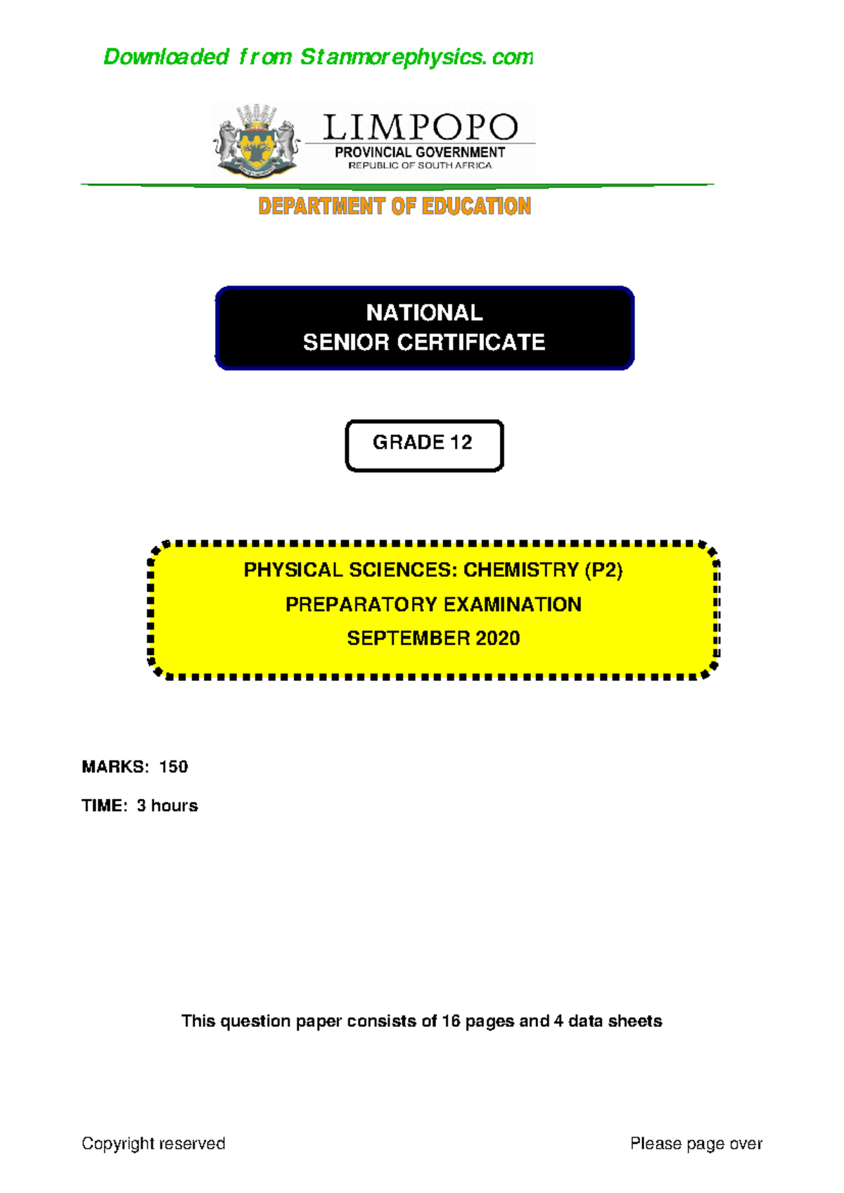 Limpopo PHSC September 2020 P2 and MEMO - MARKS: 150 TIME: 3 hours This ...