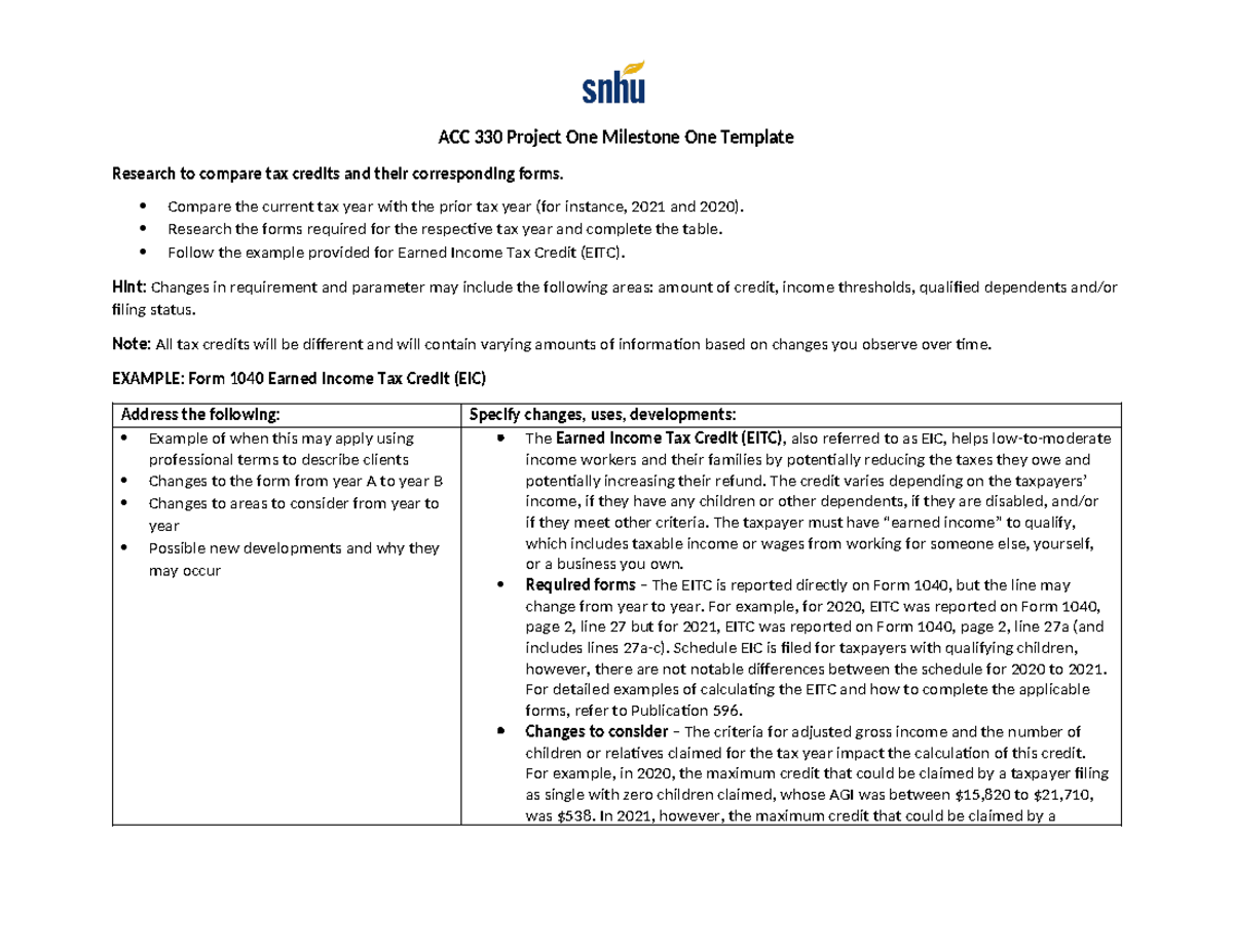 ACC 330 Project One Milestone One Template - ACC 330 Project One ...
