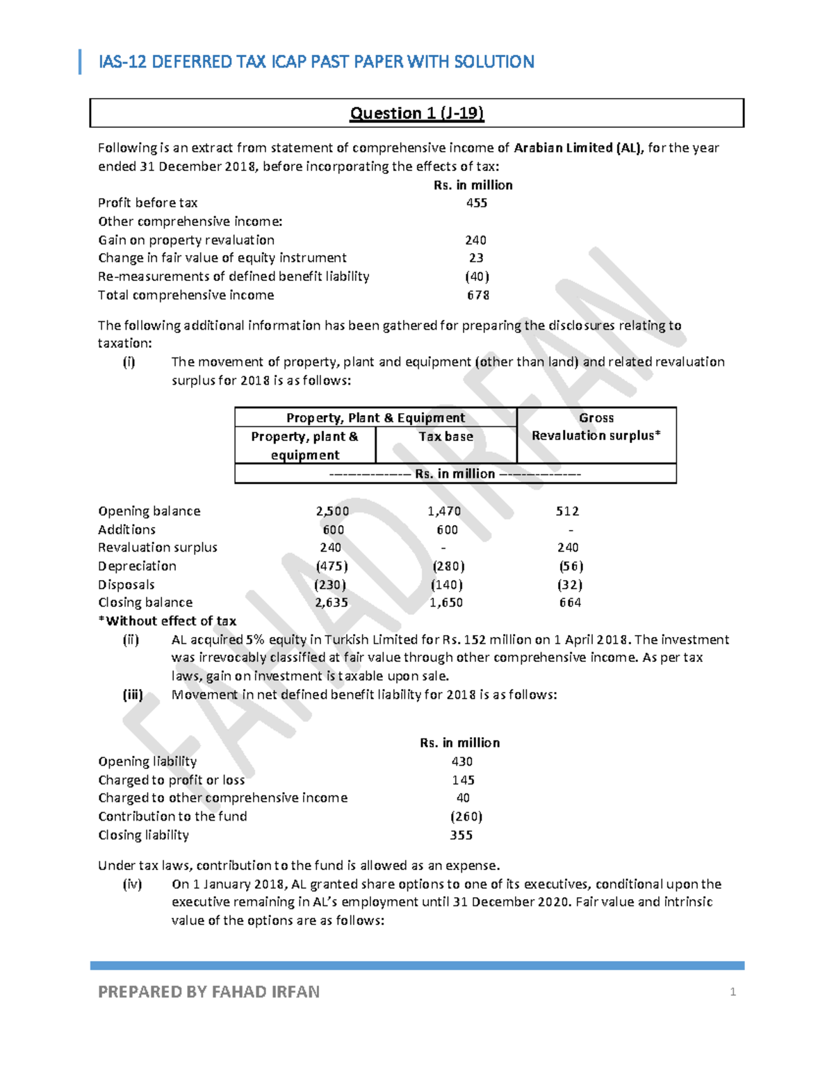 AAFR IAS 12 ICAP PAST Paper WITH Solution - Question 1 (J-19) Following ...