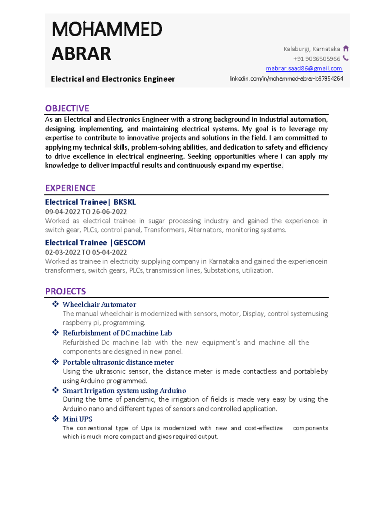 Mohammed Abrar's Resume BE EEE 2022 - OBJECTIVE As an Electrical and ...