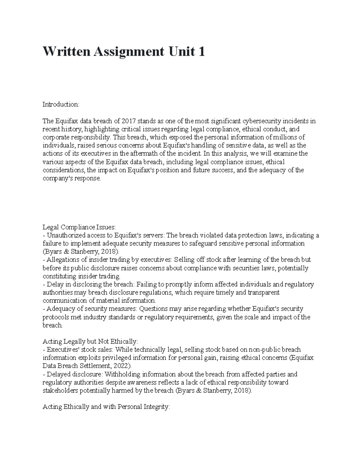 Phil Written Assignment Unit 1 - Written Assignment Unit 1 Introduction: The Equifax data breach ...