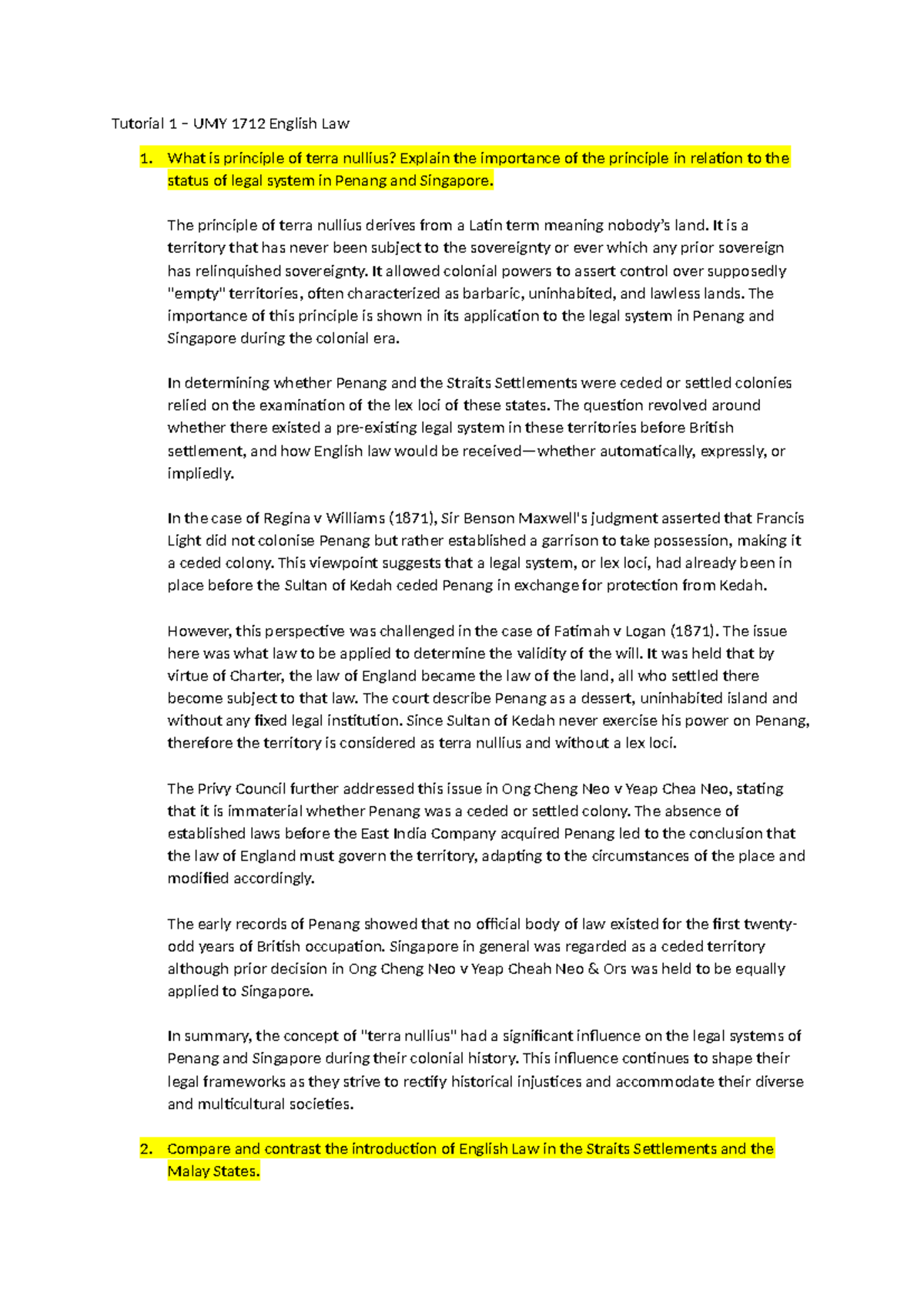 ttttt1.......... - Tutorial 1 – UMY 1712 English Law 1. What is ...