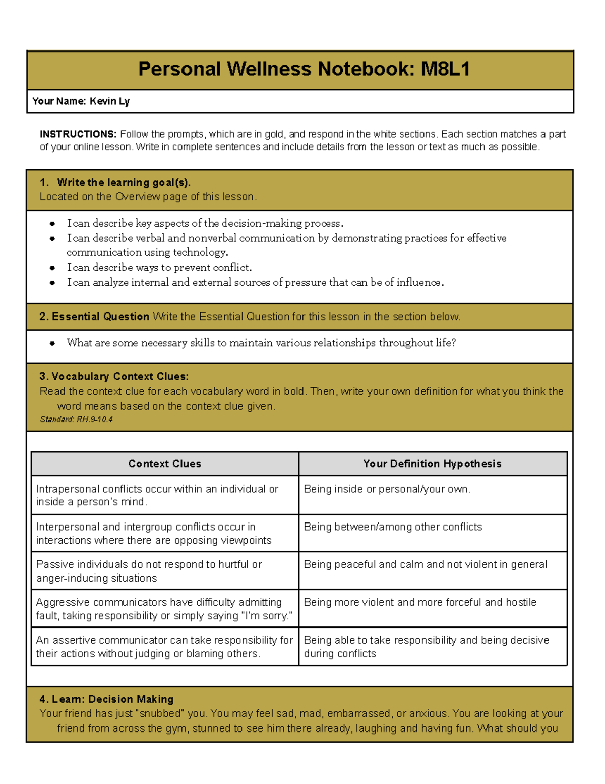 Health Personal Wellness Notebook M8L1 - Personal Wellness Notebook ...