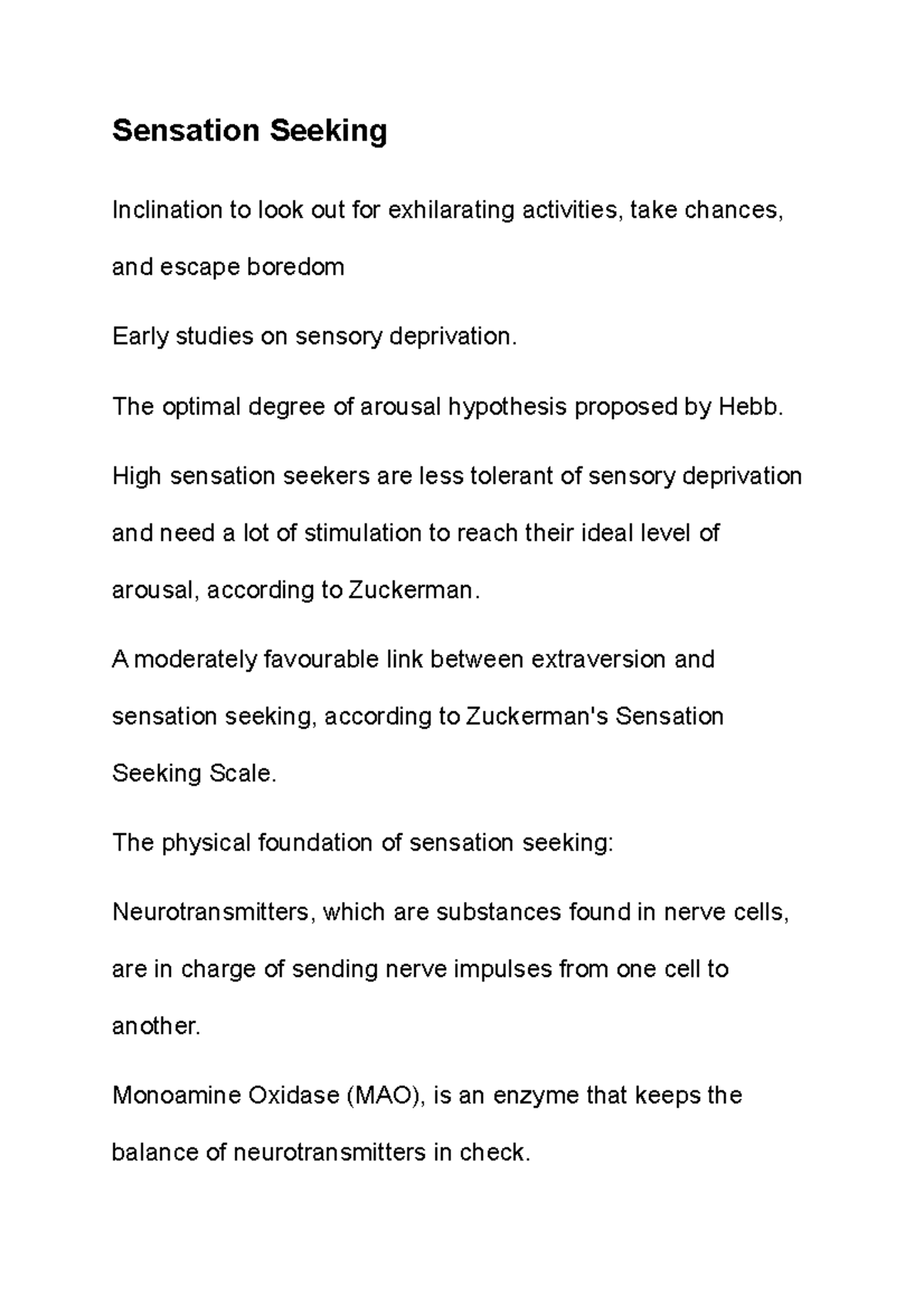 Sensation Seeking - Notes - Sensation Seeking Inclination to look out ...