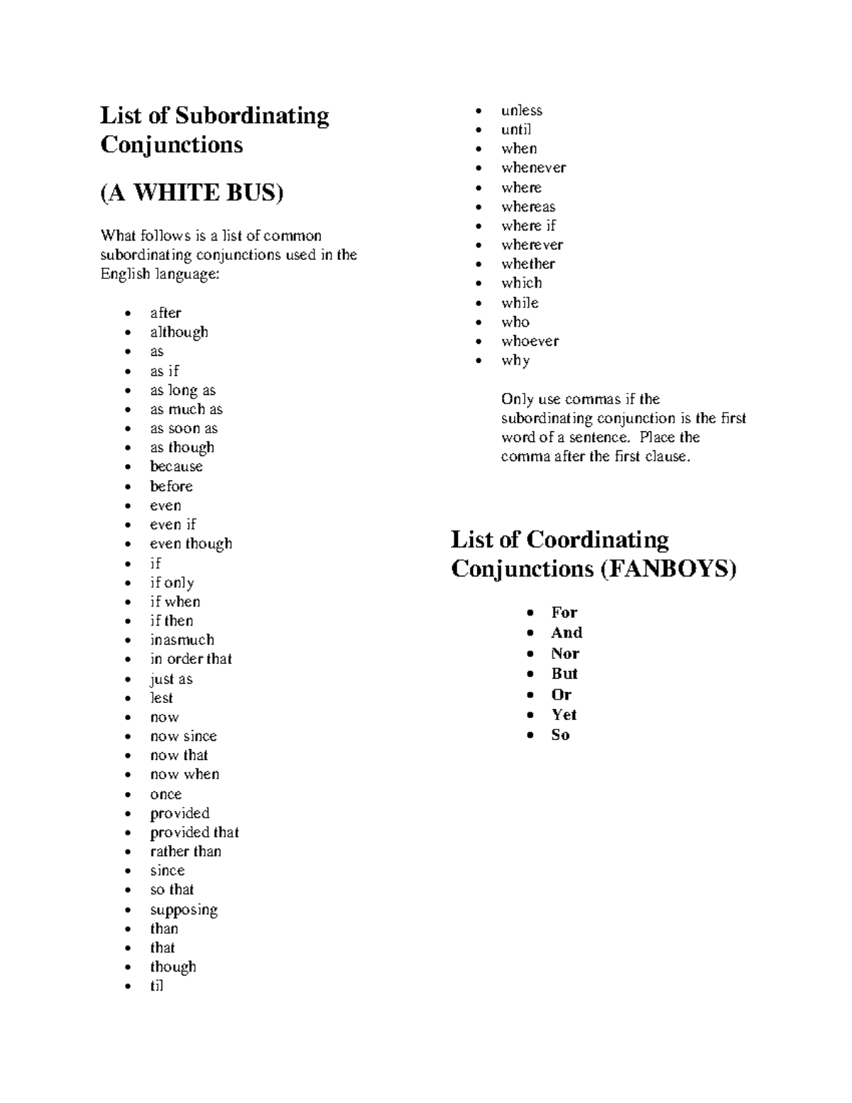 Subordinating conjunctions and coordinating conjunctions - List of ...