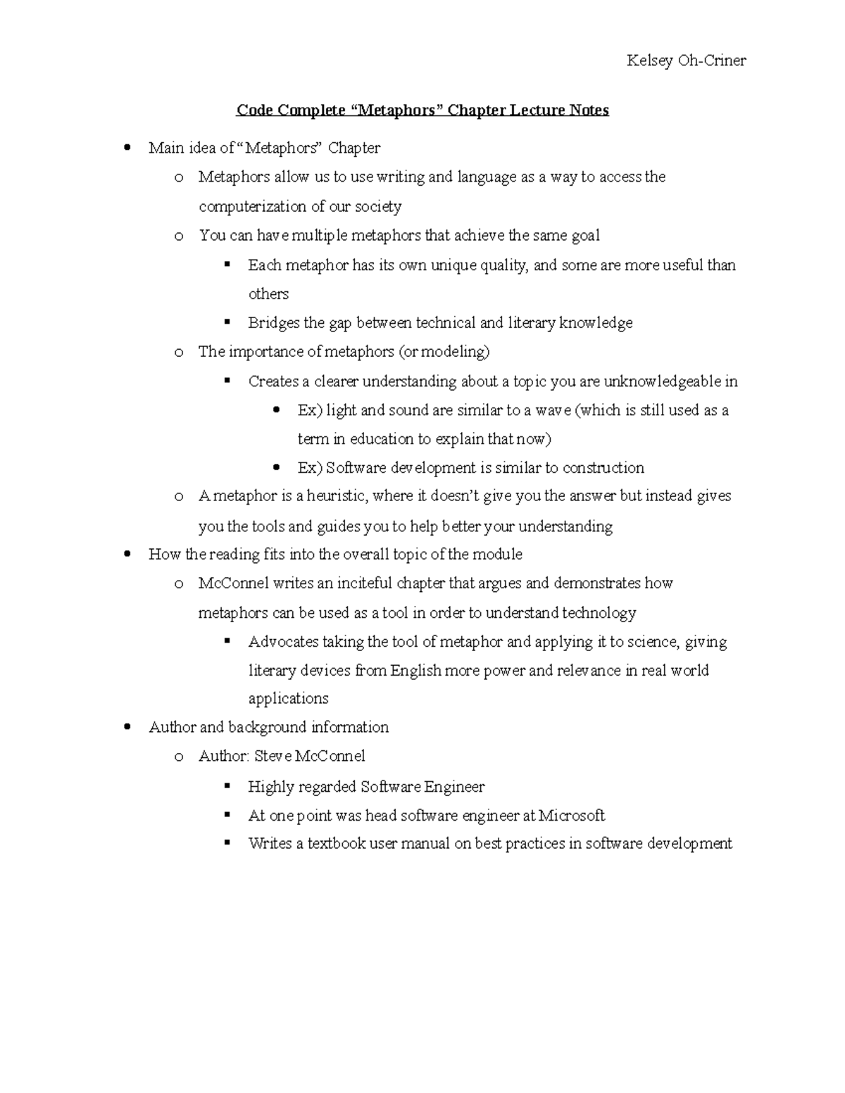 Code Complete Metaphors Ch Notes Kelsey Oh Criner Code Complete Metaphors” Chapter Lecture