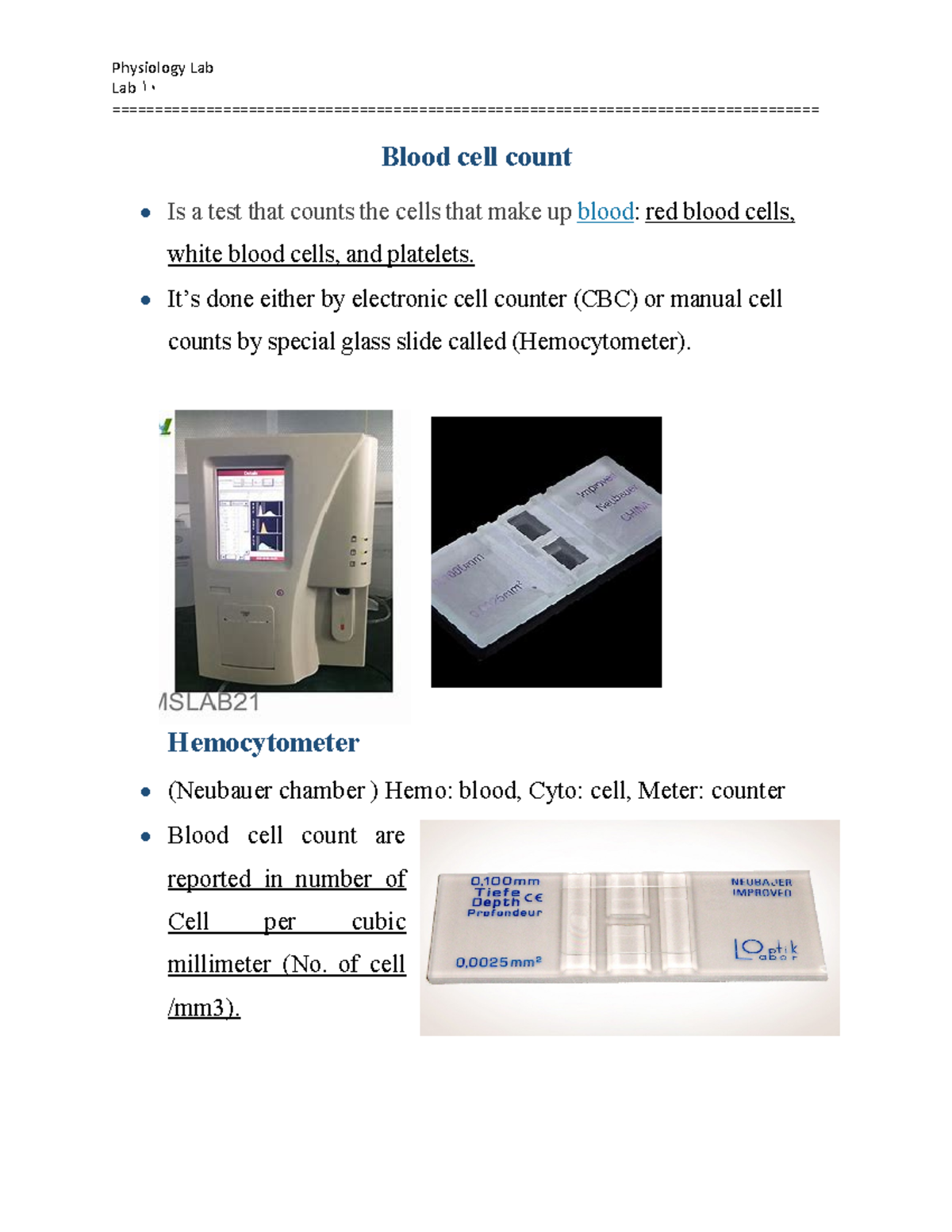 Blood cell count - human physiology - Lab - Studocu