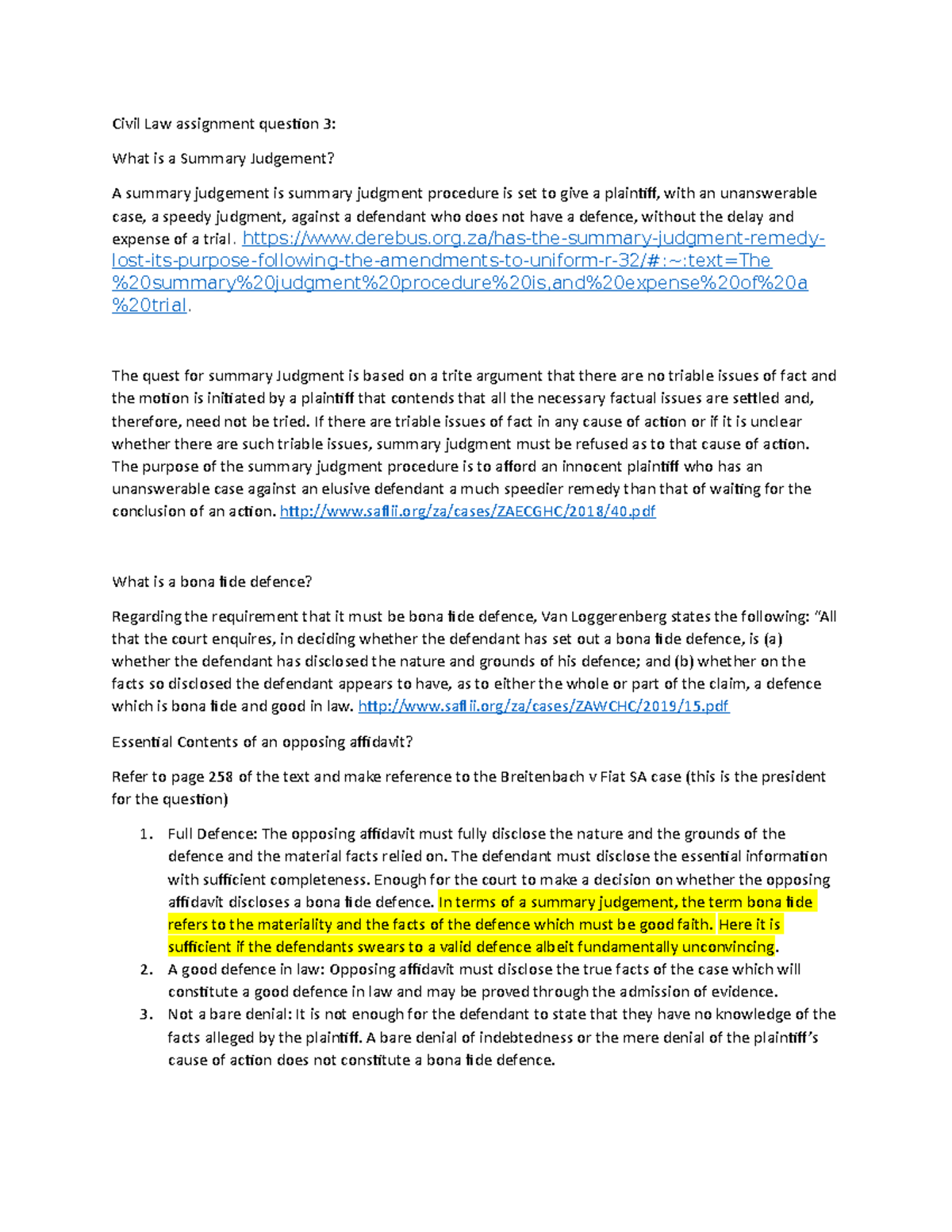 Civil Law assignment question 3 - derebus.org/has-the-summary-judgment ...