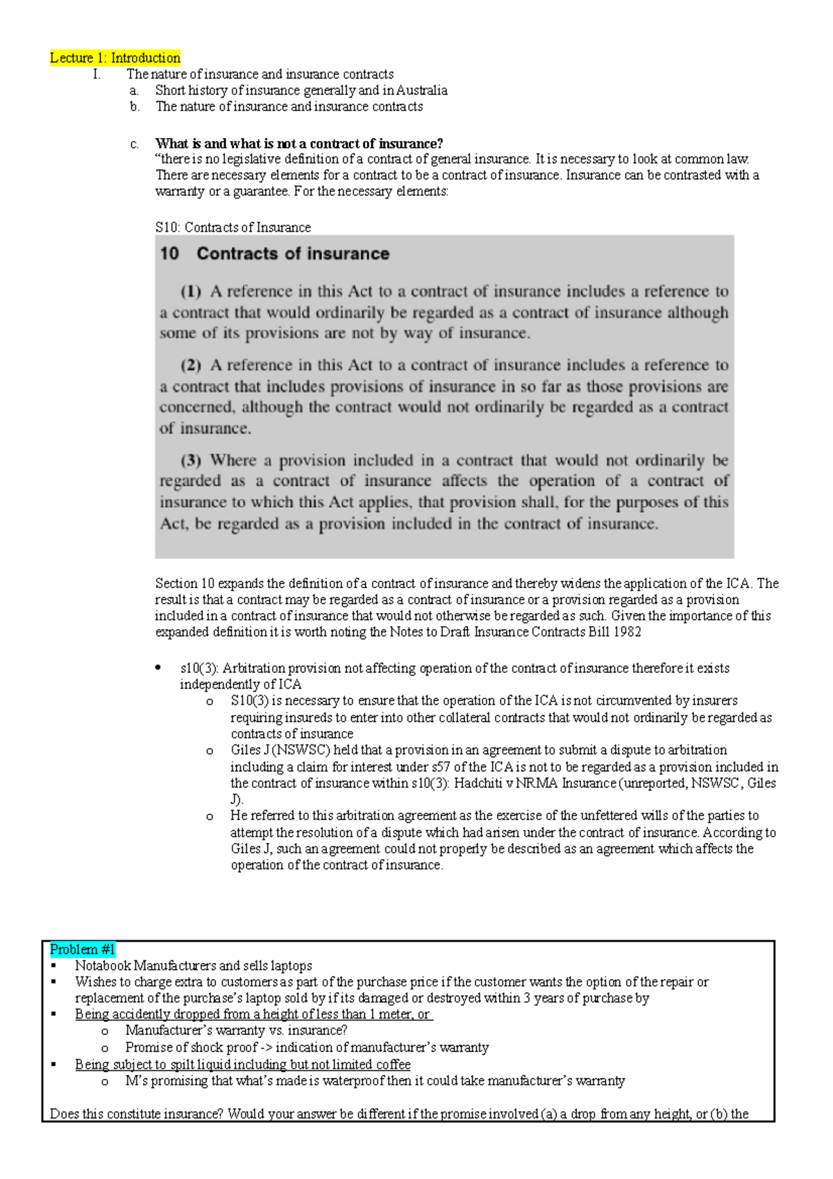 Insurance Law Notes - Lecture 1: Introduction I. The nature of ...