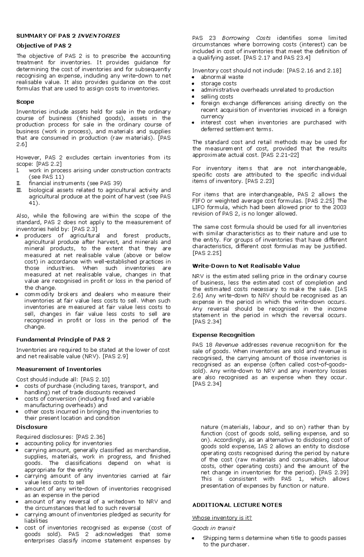 Summary of pas 2 inventories - Bachelor of Science in Accountancy - Studocu
