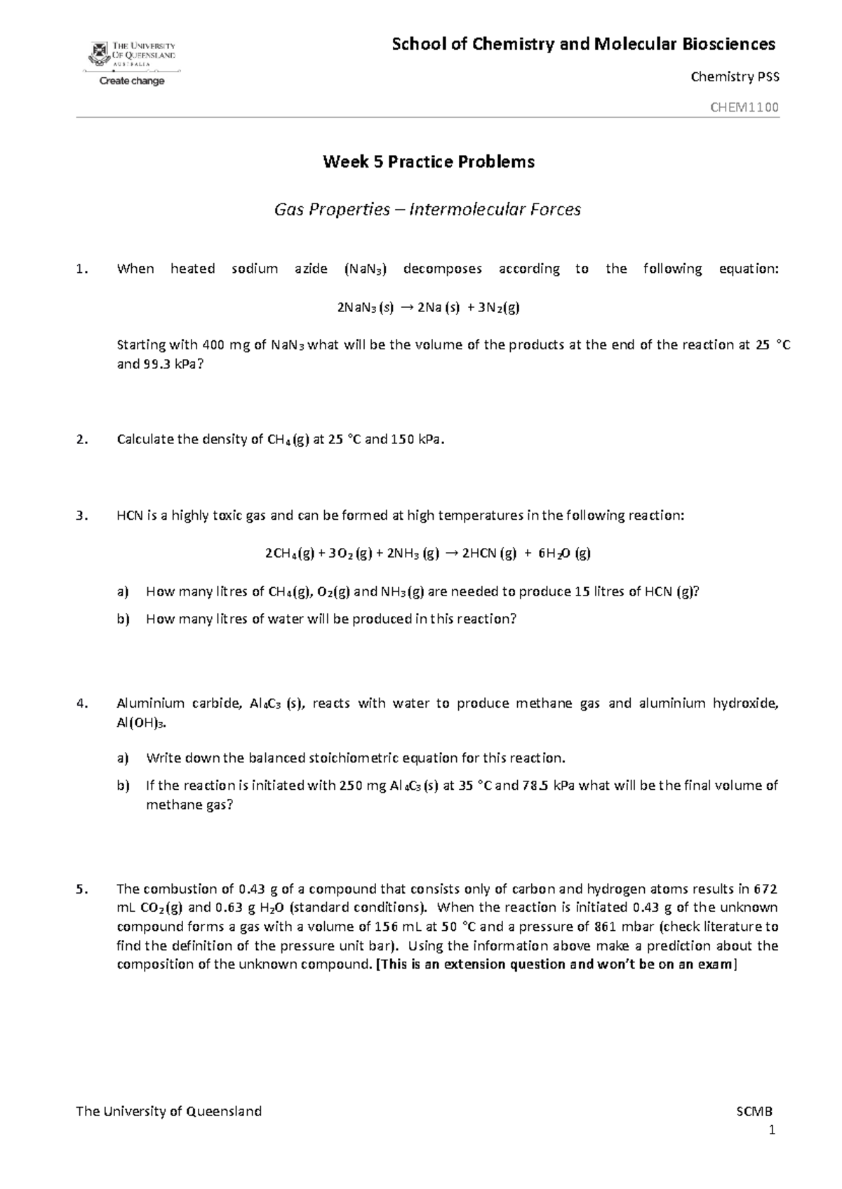 CHEM1100 Week 5 PSS Worksheet - School of Chemistry and Molecular ...