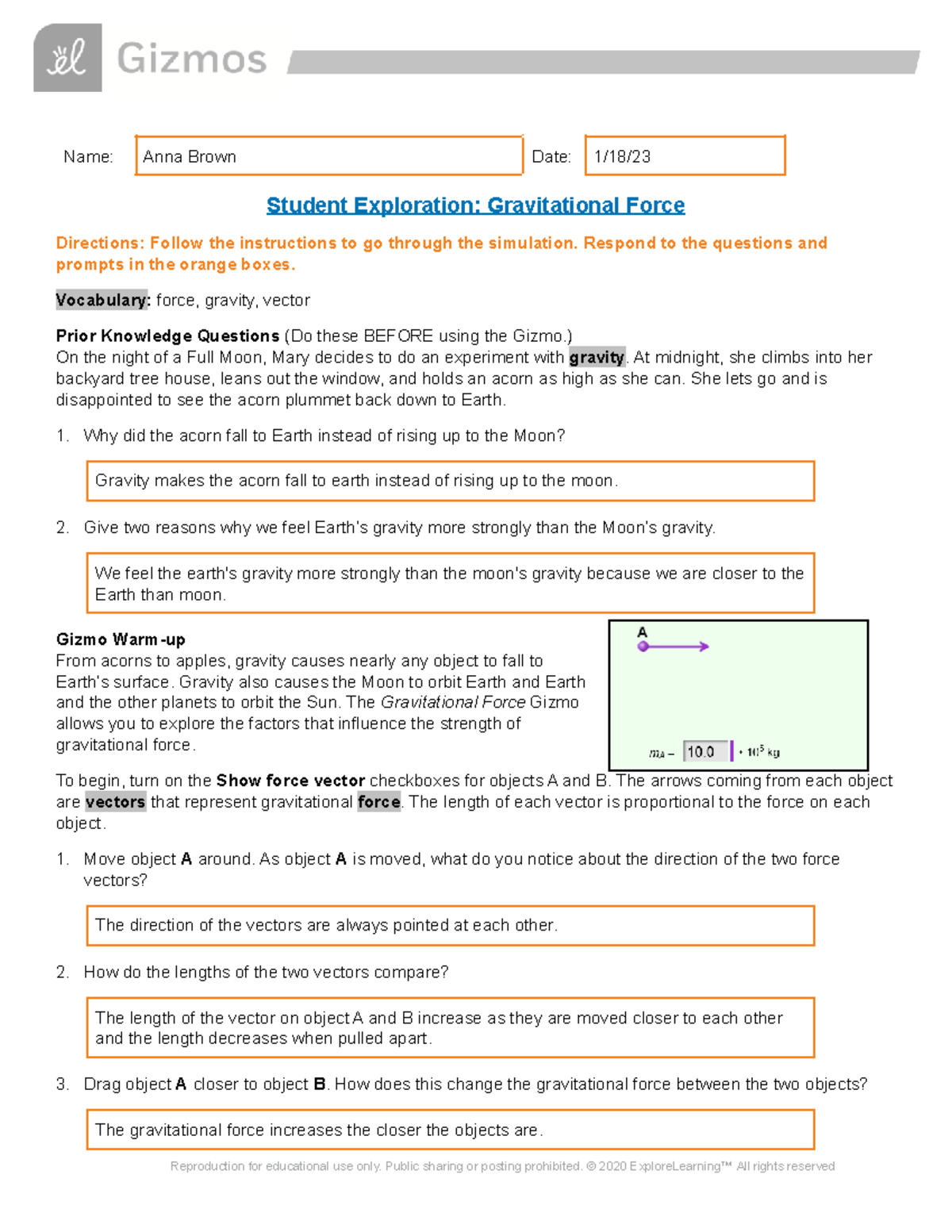 Gravitational Force Gizmo Lab - Name: Anna Brown Date: 1/18/ Student ...
