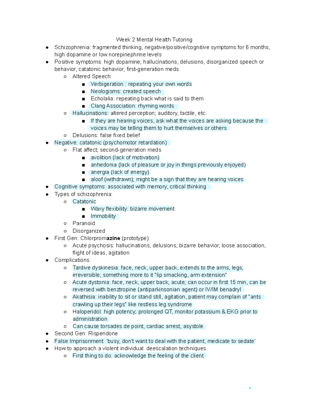 MH Review 2 - Week 2 Mental Health Tutoring Schizophrenia: fragmented ...