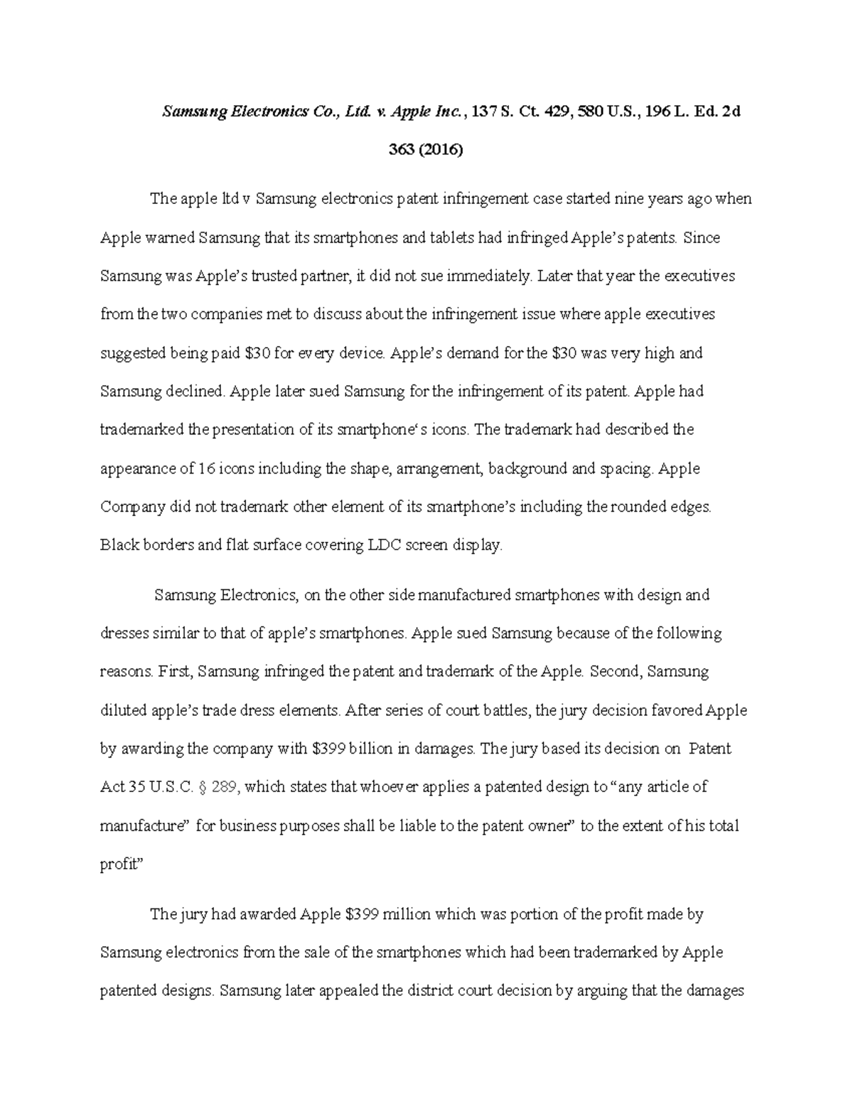 Patent Case Essay - Grade: A - Samsung Electronics Co., Ltd. v. Apple ...