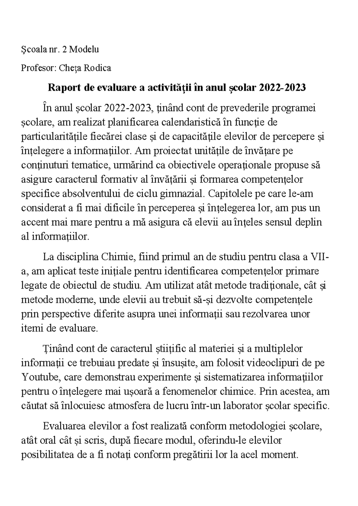 Raport de autoevaluare 2022-2023 Chimie - Şcoala nr. 2 Modelu Profesor ...