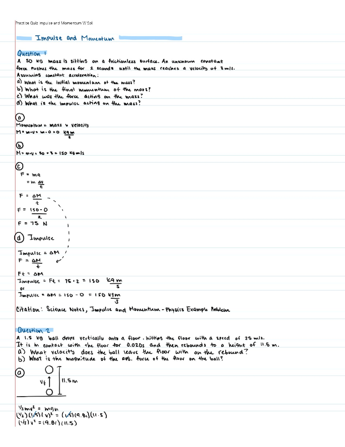 Practice quiz impulse and momentum w sol - Practice Quiz Impulse and ...