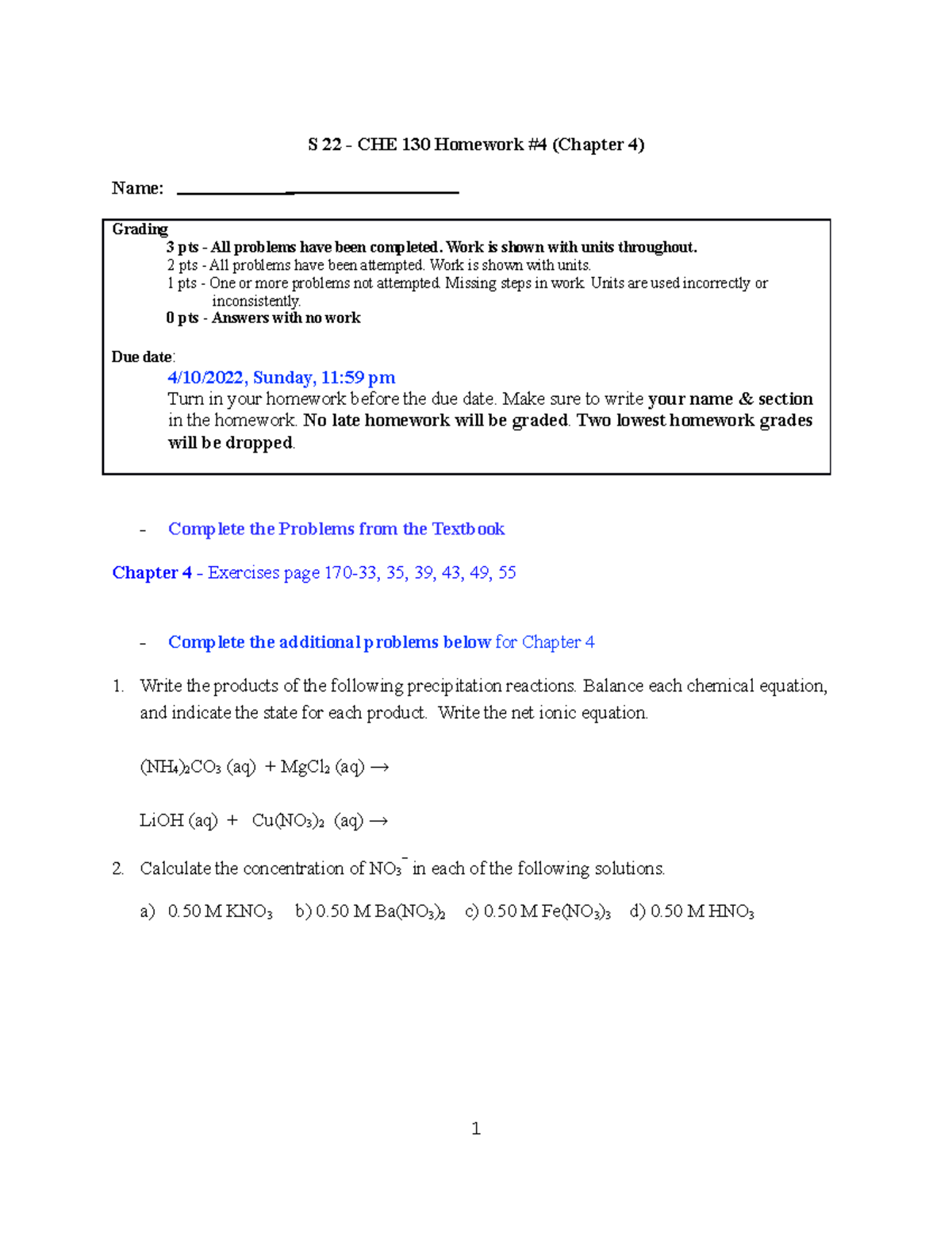 S 22 CHE 130 Homework chapter 4 - S 22 - CHE 130 Homework #4 (Chapter 4 ...