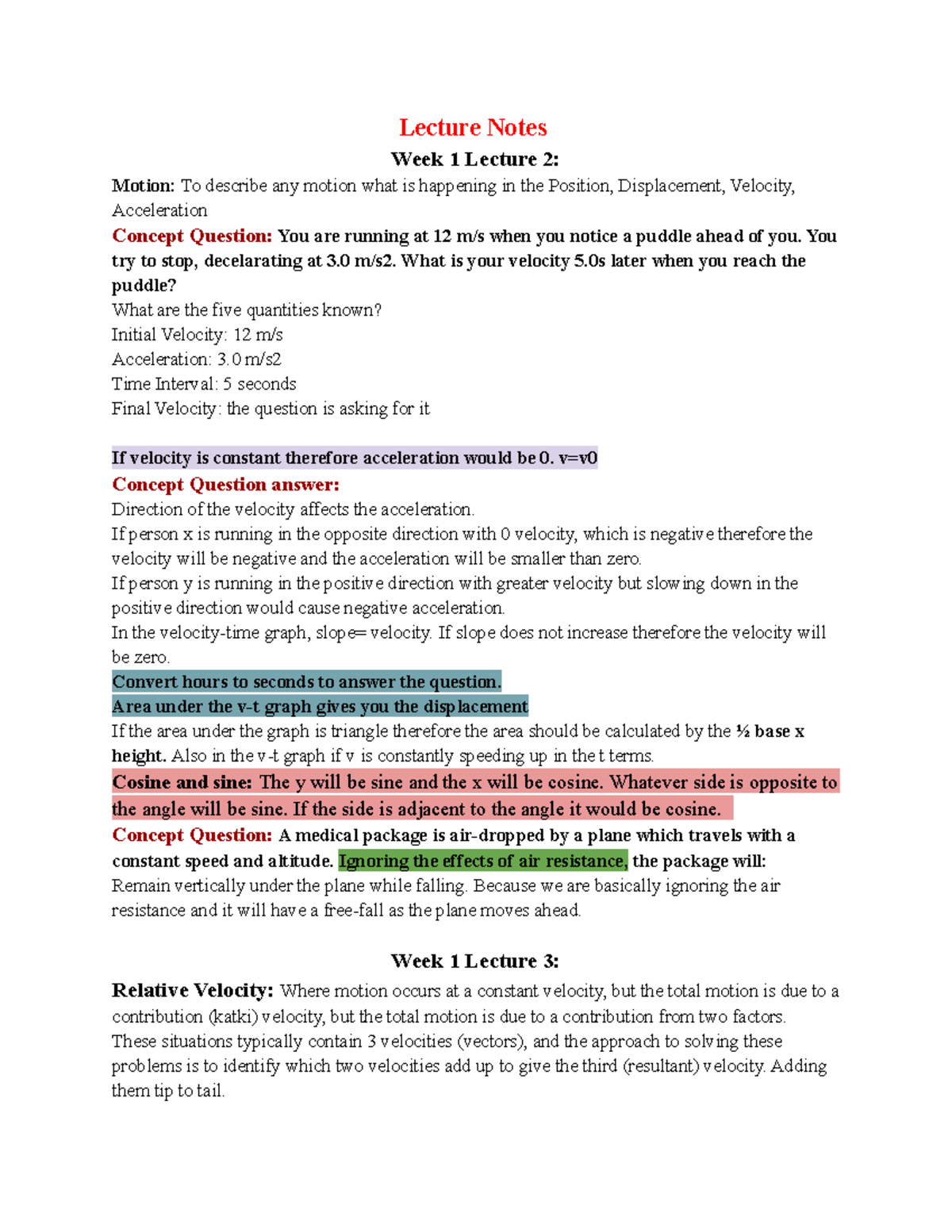 Physics 1080 Lecture Notes - Lecture Notes Week 1 Lecture 2: Motion: To ...